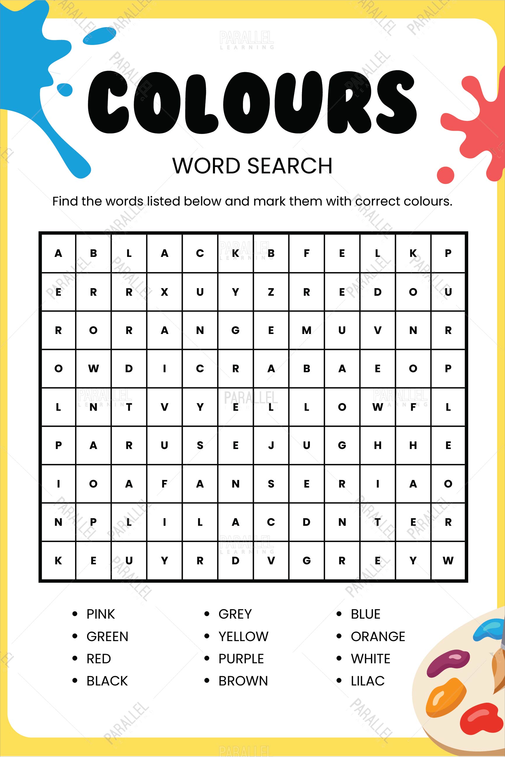colours word search printable